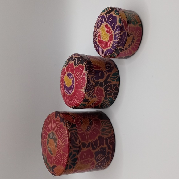Accents | Vintage Round Tooled Leather Floral Nesting Trinket Boxes Set ...